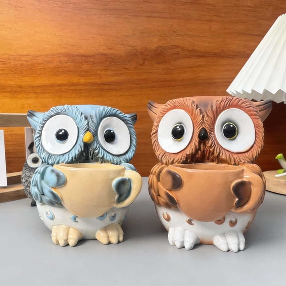 Creative Resin Owl Flower Pot With Cup Holder Design, Compact Bonsaiing ...