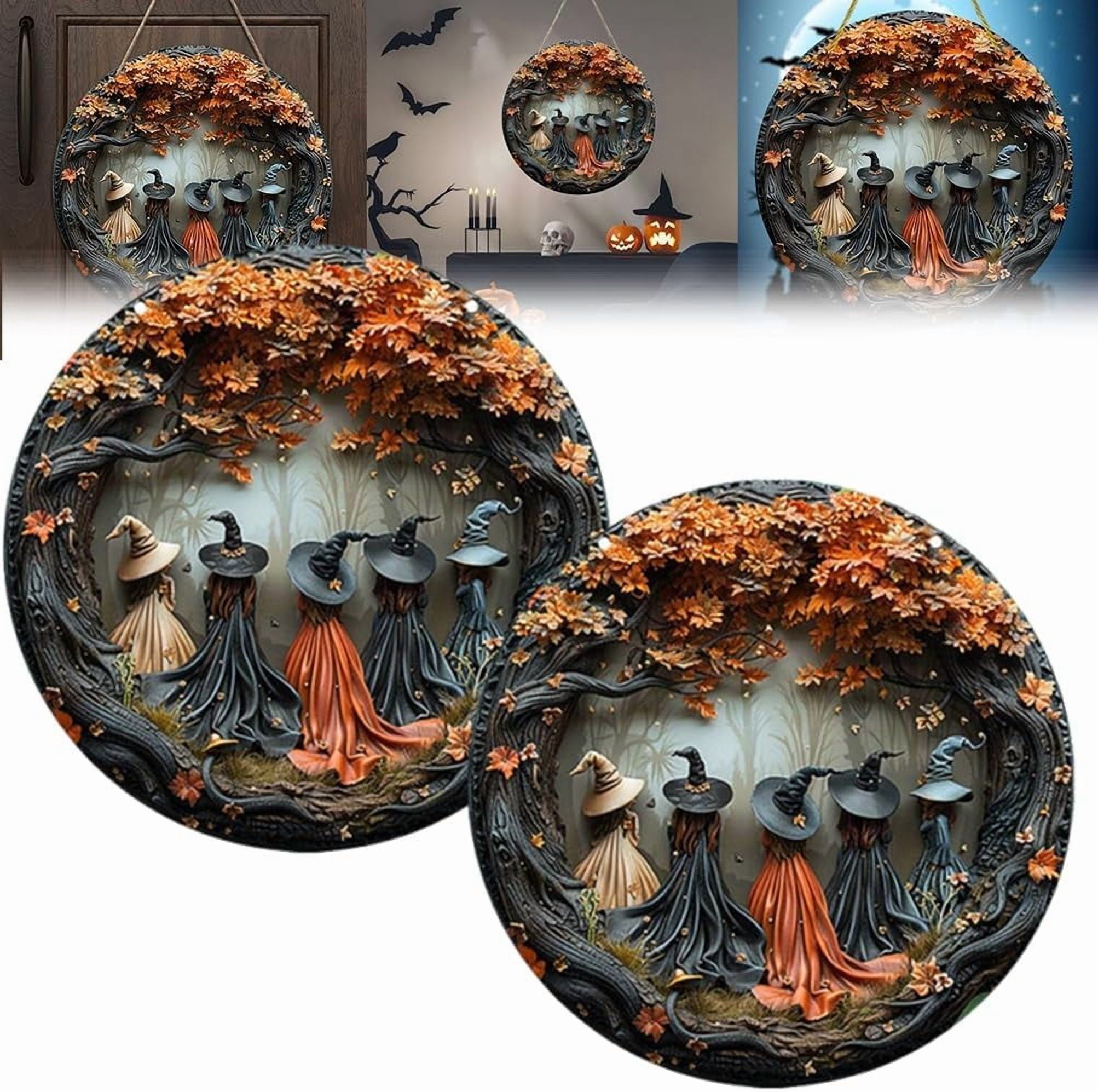 Creative Round Halloween Door Sign Made of Wood, 2d Witch Pattern ...