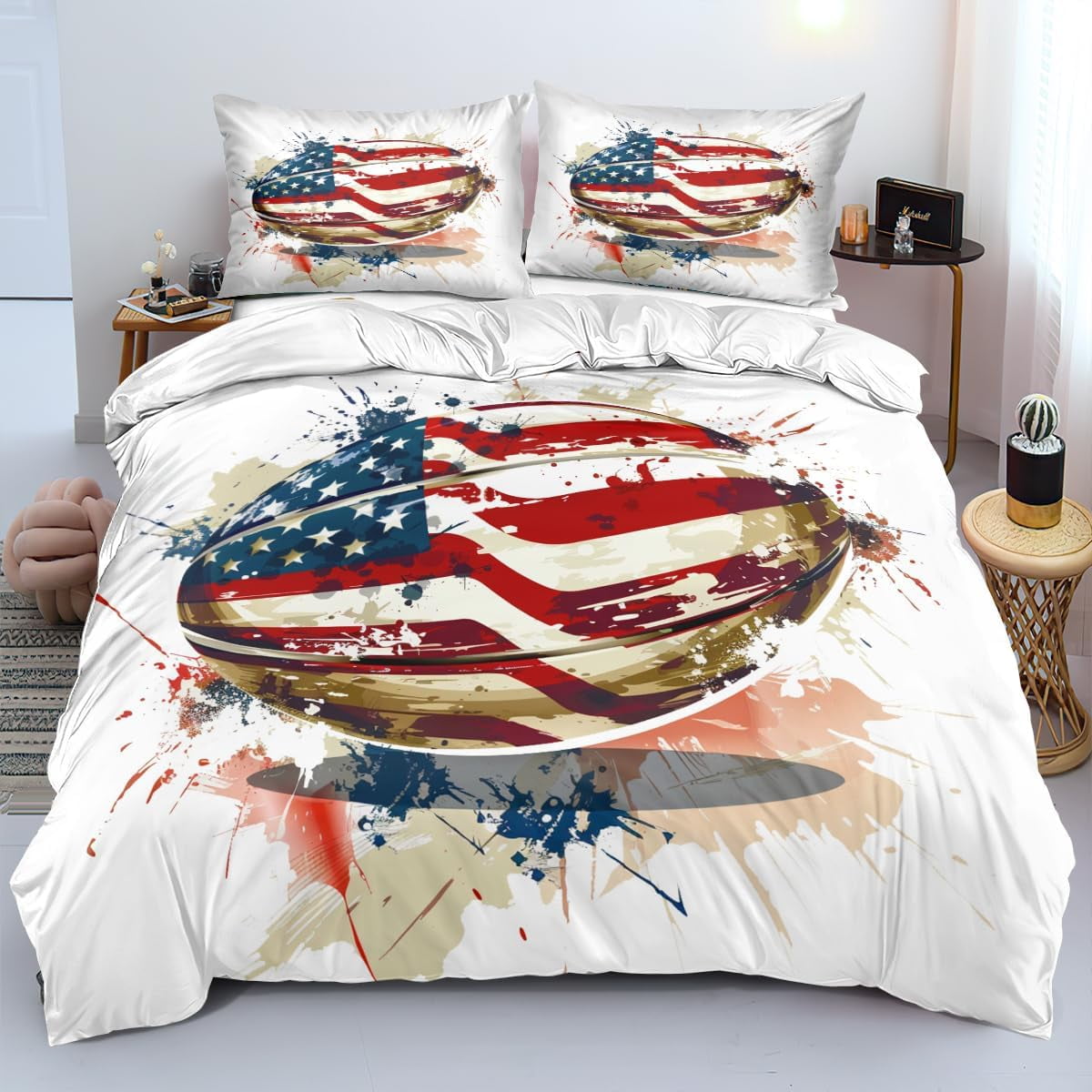 Creative Rugby Comforter Cover Red Blue American Flagduvet Cover Tie ...