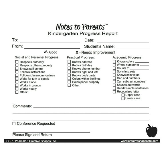 SHAPES ETC. Kindergarten Progress Reports - Notes to Parents - Walmart.com