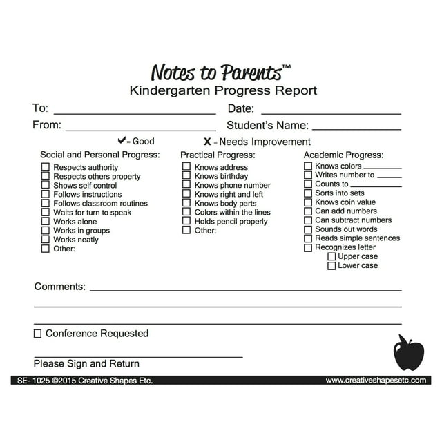 SHAPES ETC. Kindergarten Progress Reports - Notes to Parents - Walmart.com