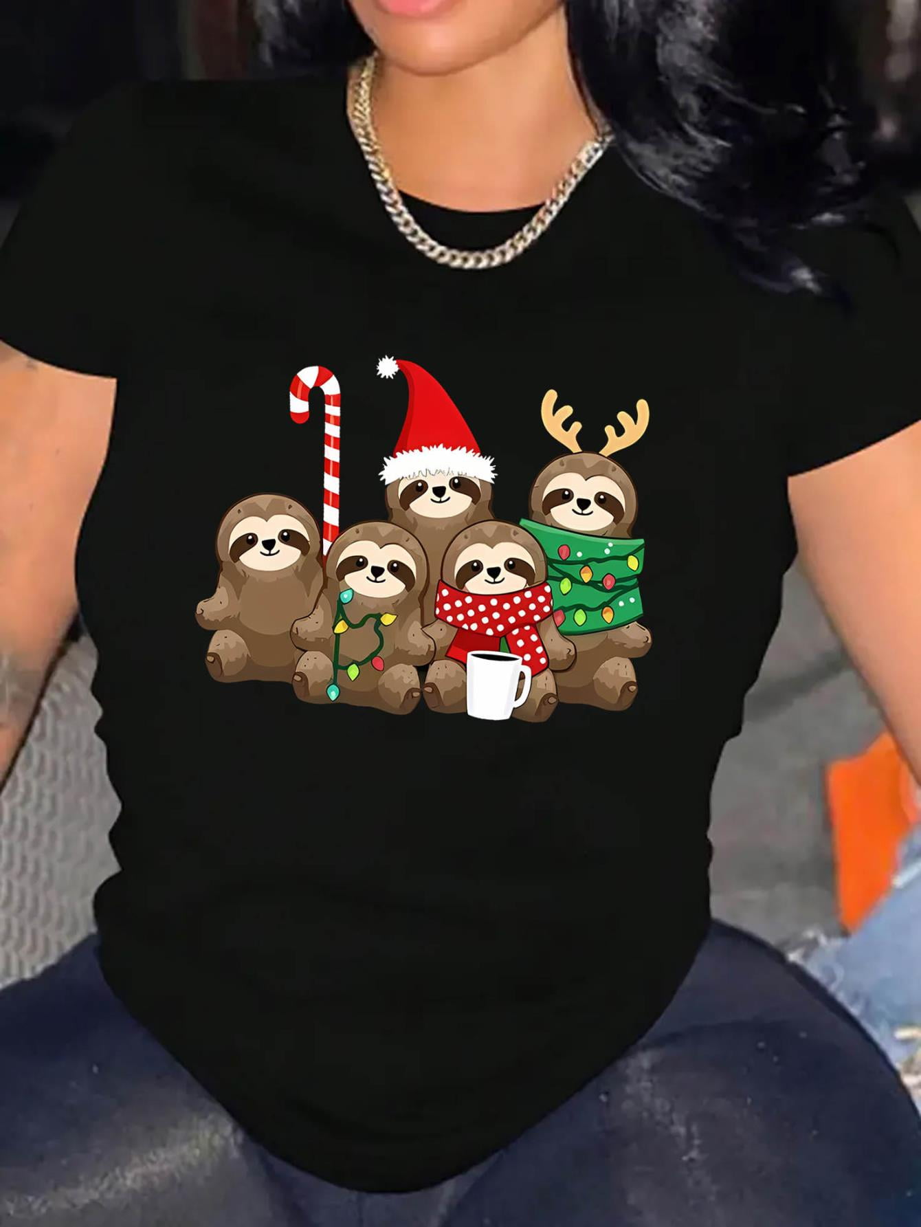 Creative Sloth Pattern Printed Women'S Trendy Round Neck Short Sleeve ...