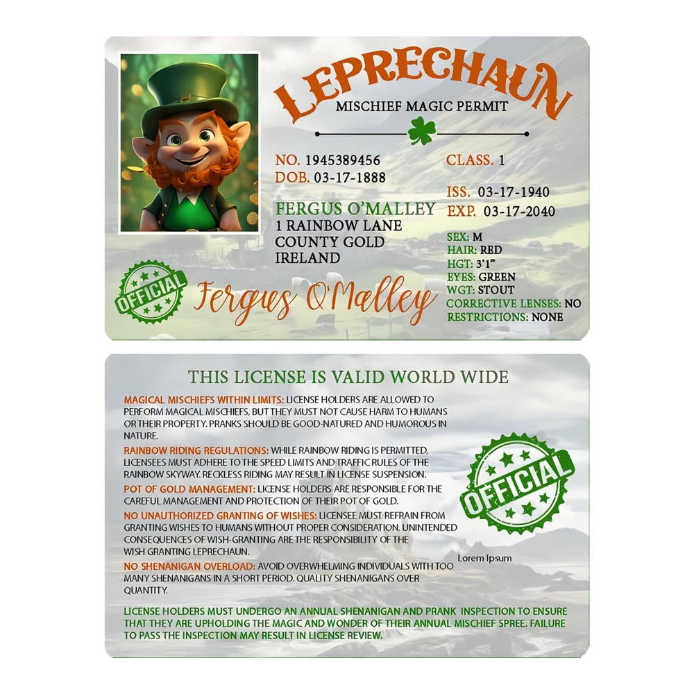 Creative St. Patrick's Day Card Leprechaun Prank License ID Card ...