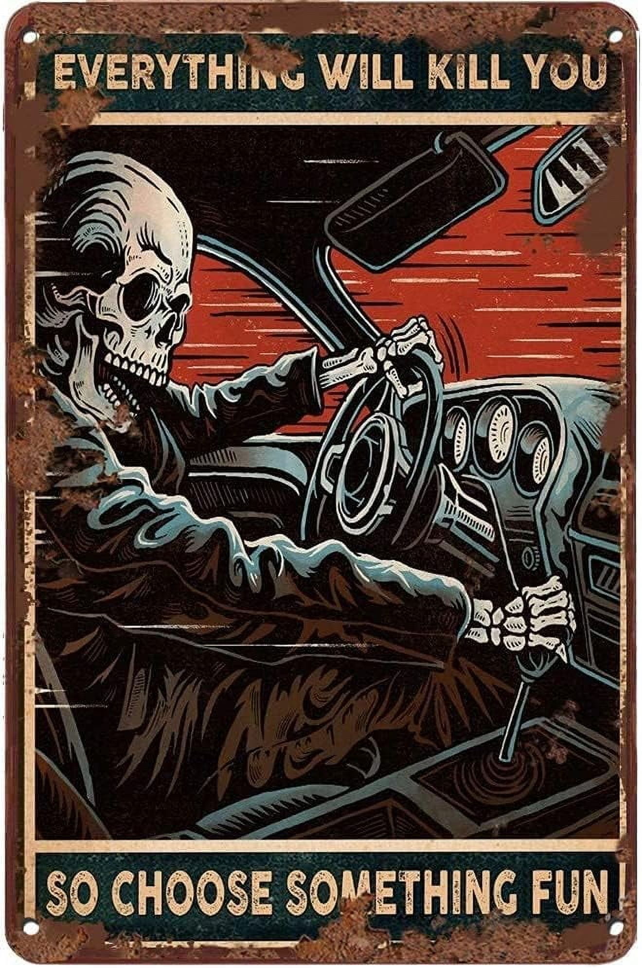 Creative Tin Sign Skeleton Auto Racing Funny Novelty Metal Sign Retro ...
