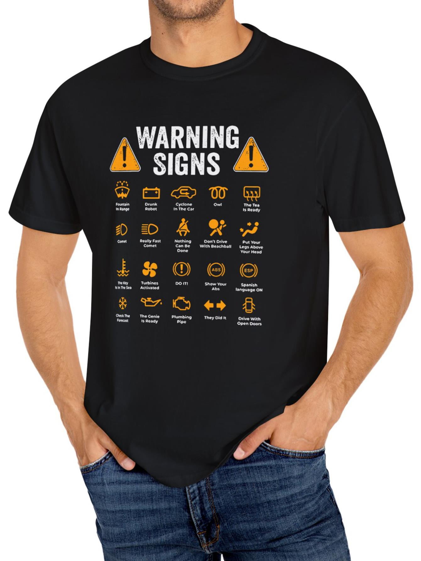 Creative Warning Signs Print Crew Neck T-shirt, Men's Versatile Short ...