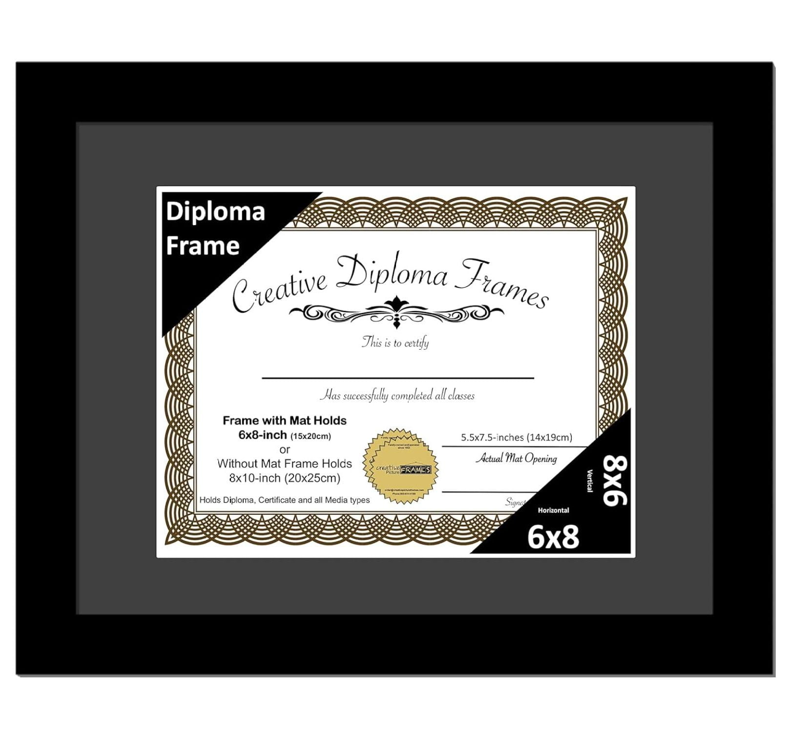 CreativePF [6x8-1-8x10bk-b] Black Diploma Frame with Black Matting ...