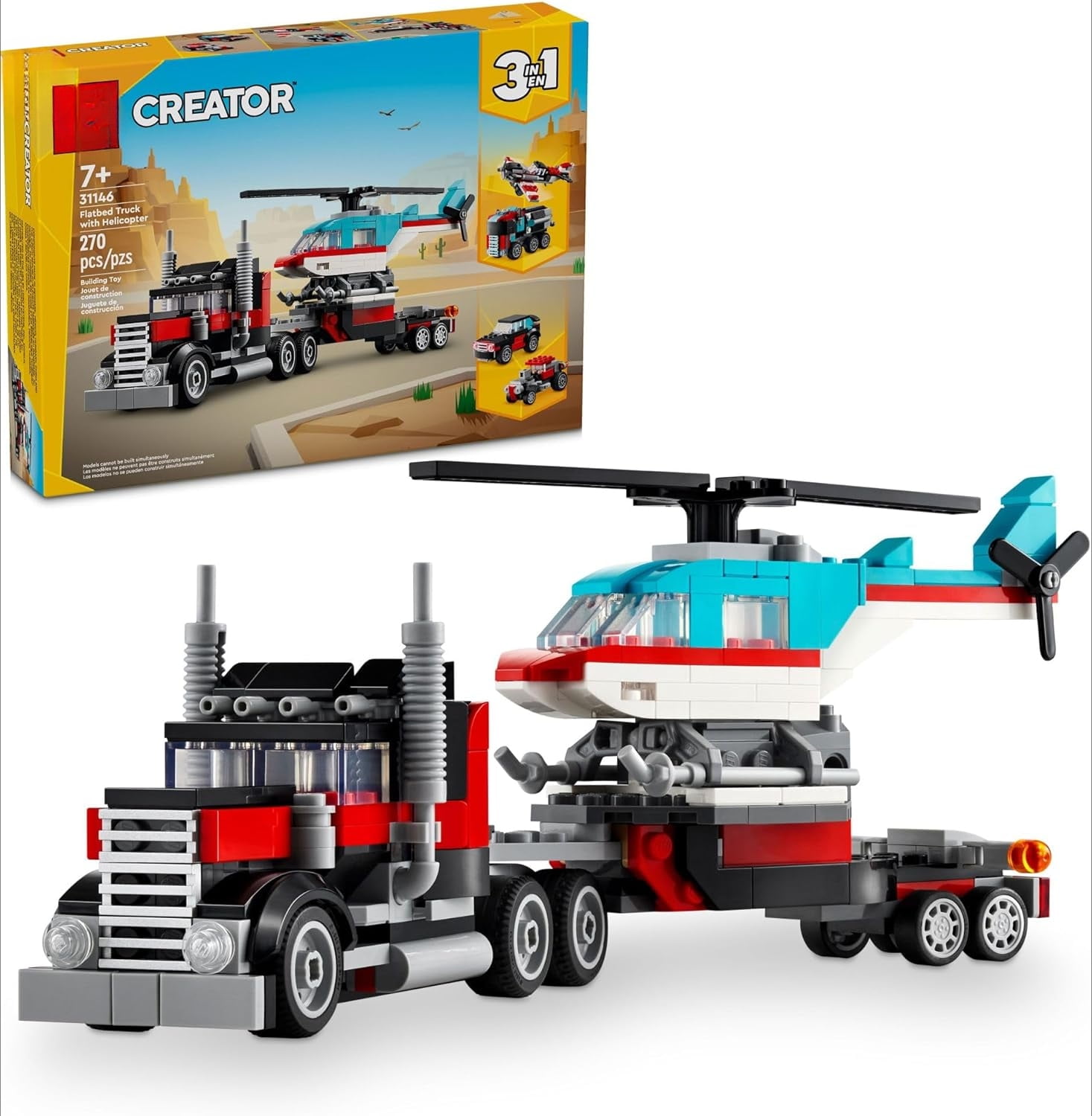 Creator 3 in 1 Flatbed Truck with Helicopter Toy, Transforms from ...