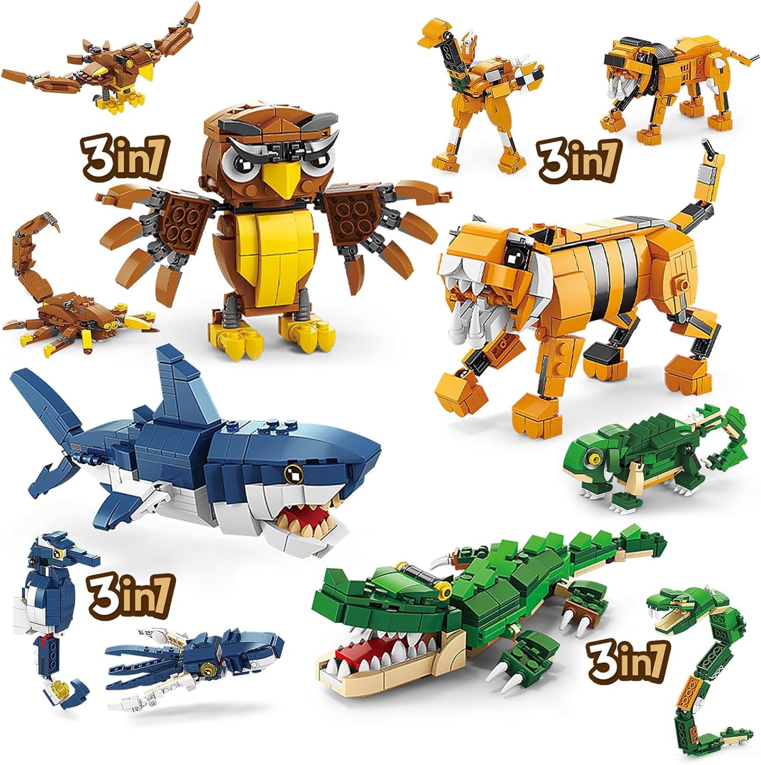 Creator 3 in 1 Animals Building Set, Owl, Shark, Crocodle, Tiger to ...