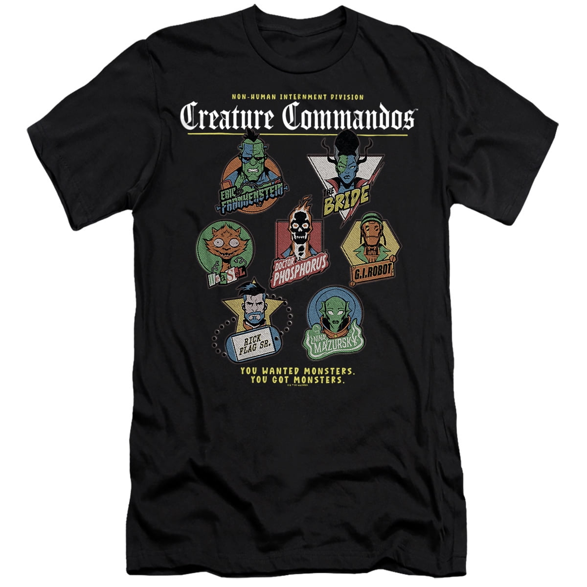 Creature Commandos Badges Unisex Adult Canvas Brand T Shirt, Black ...