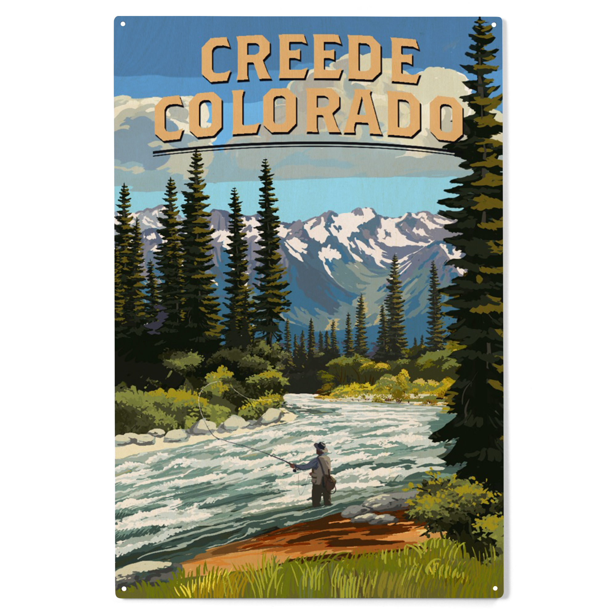 Creede, Colorado, Angler and River Rapids Birch Wood Wall Sign (10x15 ...