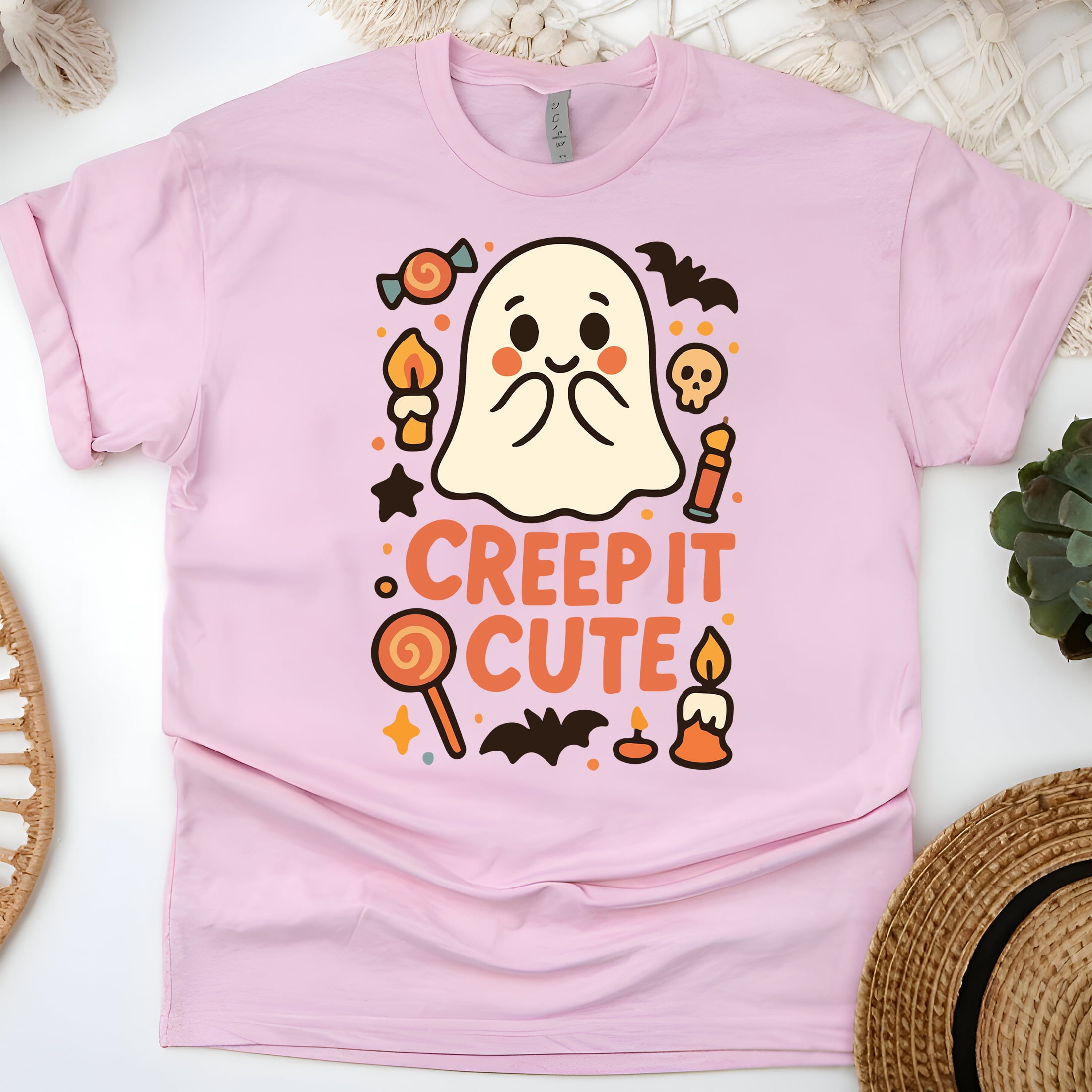 Creep It Cute Graphic Tee Funny Ghost Candy Cartoon Shirt, Light Pink ...