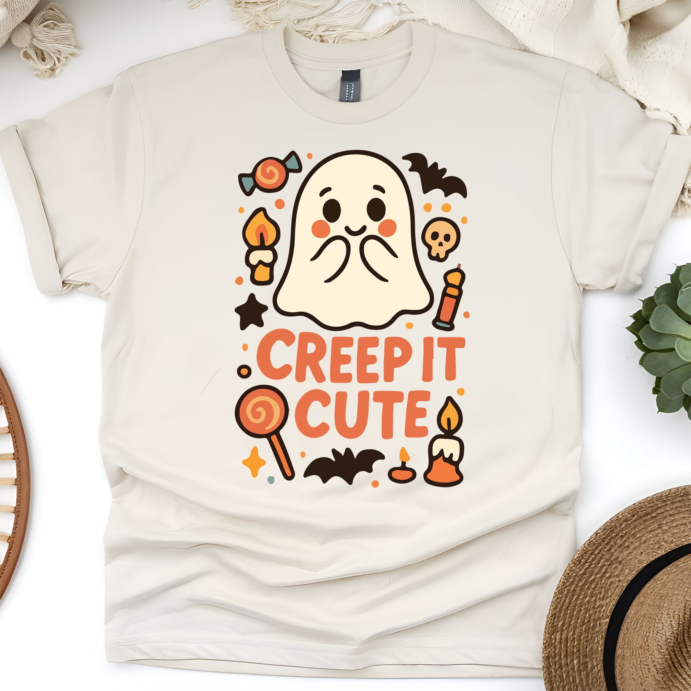 Creep It Cute Graphic Tee Funny Ghost Candy Cartoon Shirt, Natural ...
