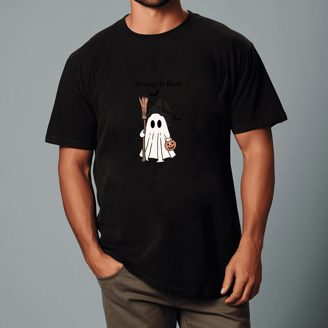 Creep It Real Ghost Holding Pumpkin Retro Spooky Art Comfort Color T ...