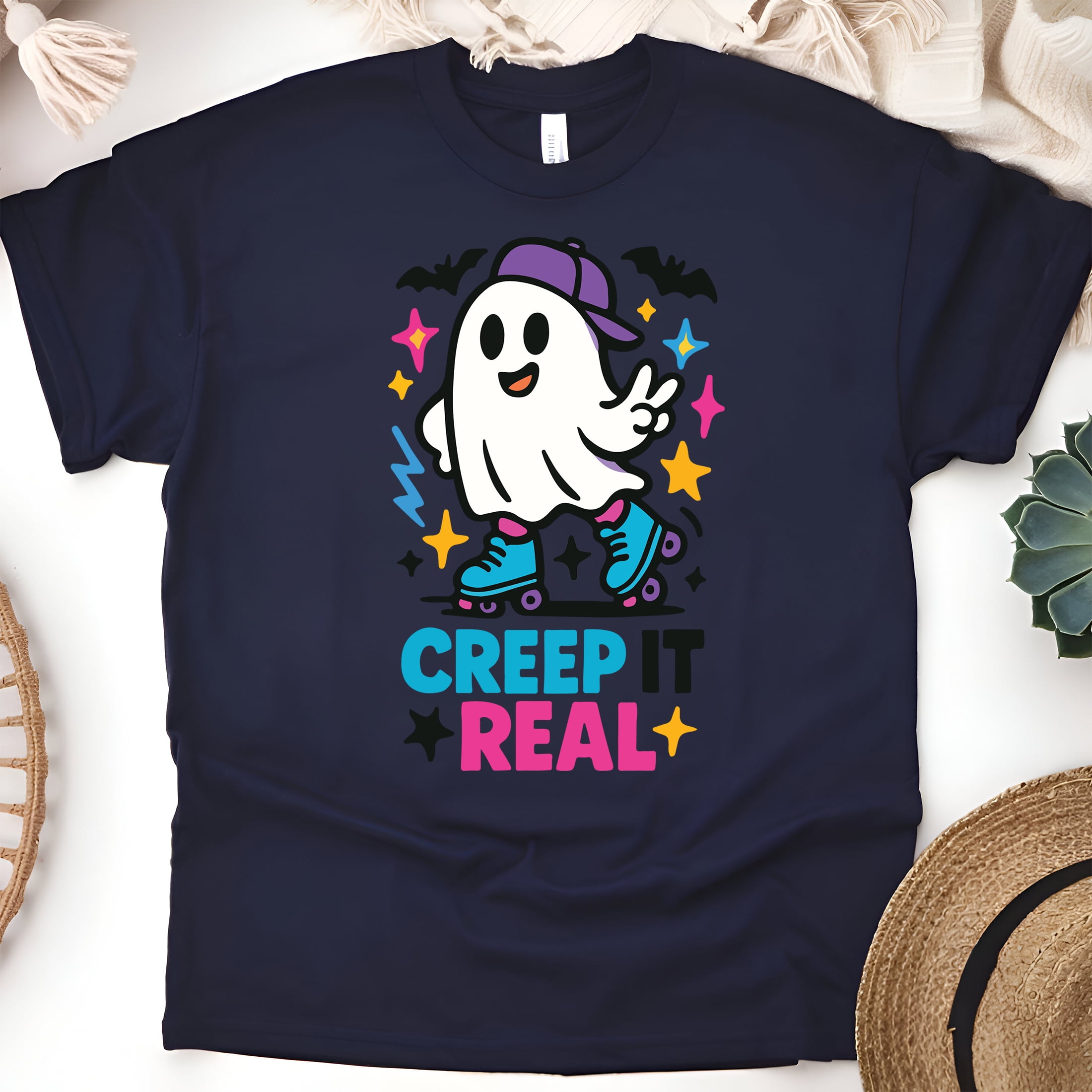 Creep It Real Ghost T-Shirt | Funny Unisex Spooky Outfit, Navy, Size ...