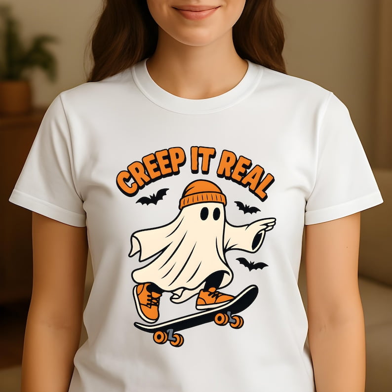Creep It Real Halloween, Skateboard Ghost T-Shirt | Funny Unisex Tee ...