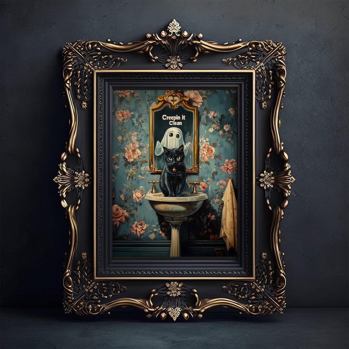 Creepin It Clean Ghost And Black Cat Bathroom Poster, Spooky Bathroom ...