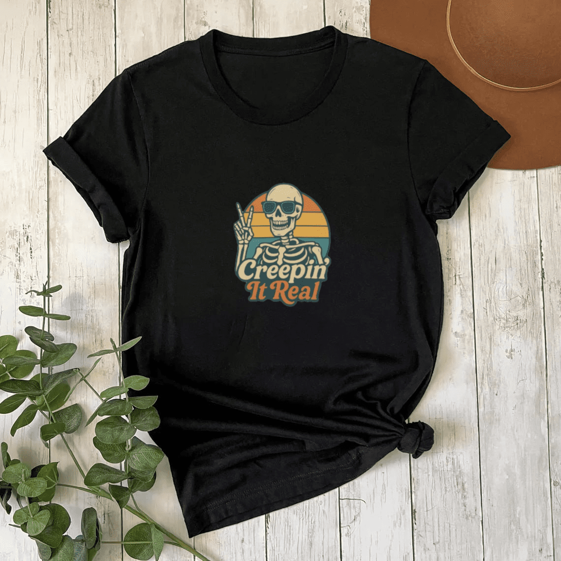 Creepin It Real Retro Skeleton Peace Sign Groovy Style Unisex T-Shirt ...