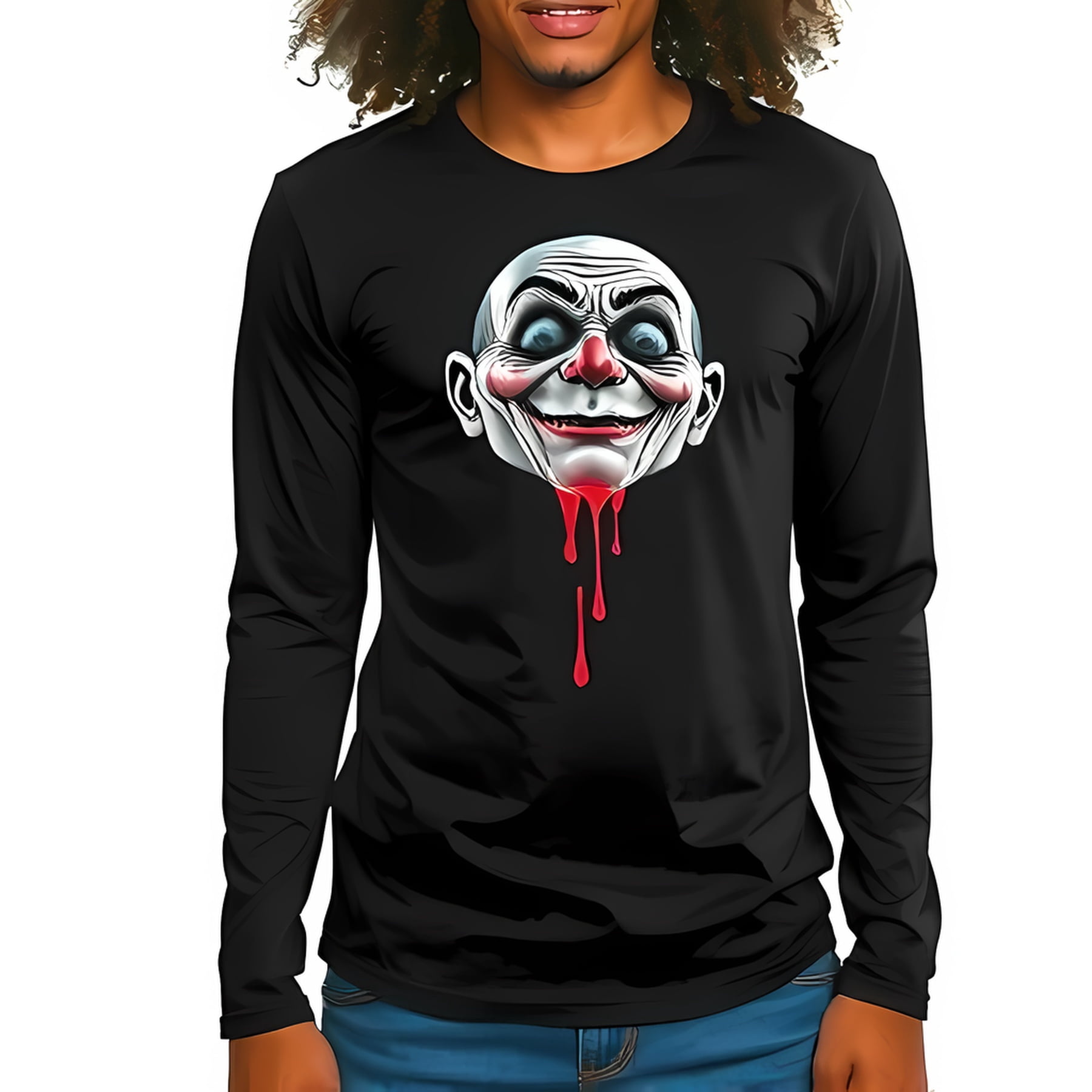Creepy Clown Face Long Sleeve T-Shirt for Men - Graphic Tee - Black ...