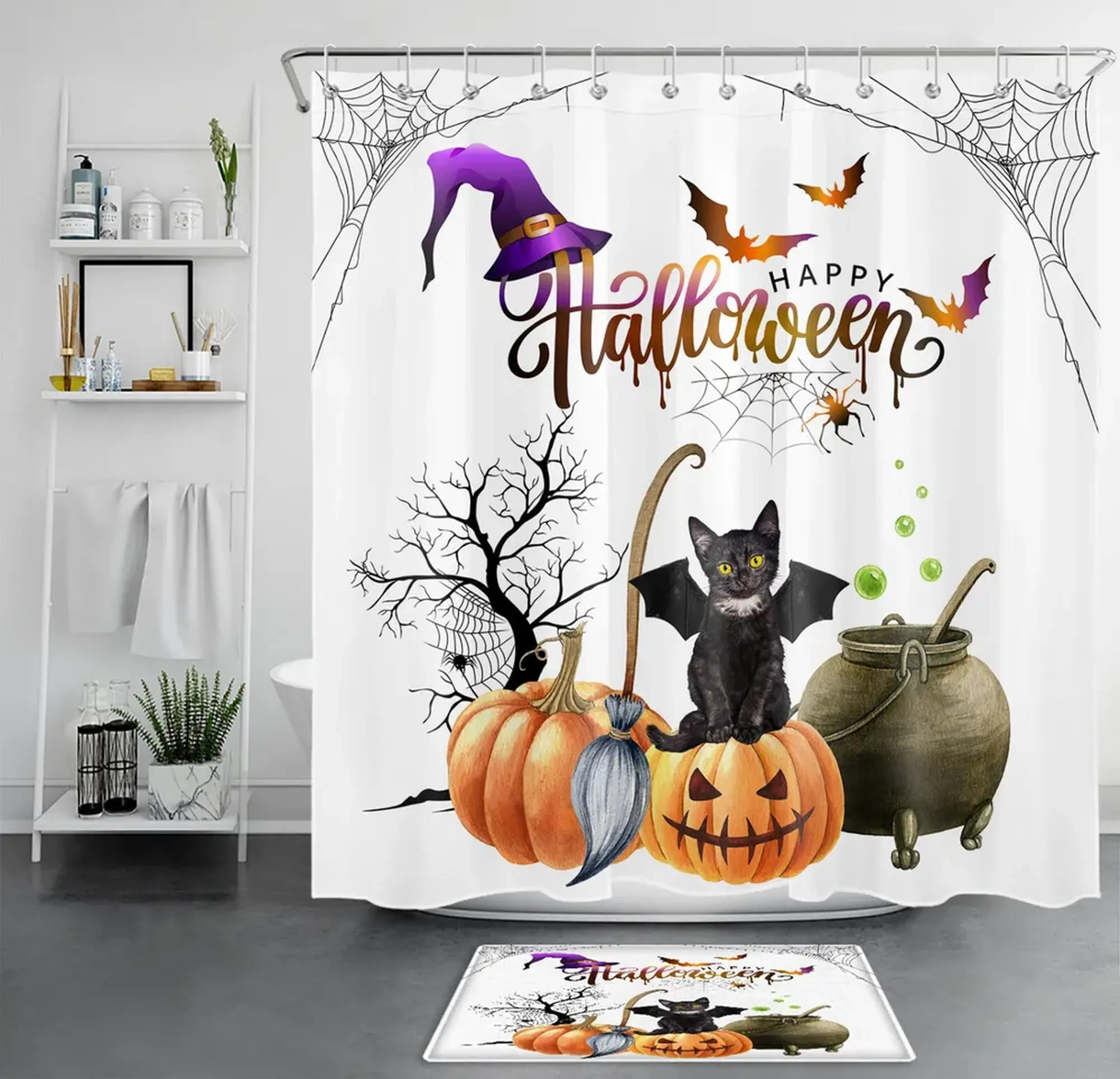 Creepy Cute Halloween Shower Curtain Pumpkin Bat And Cat Design In