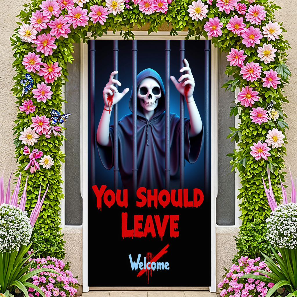 Creepy Design Grim Reaper You Should Leave Welcome Banner Halloween ...