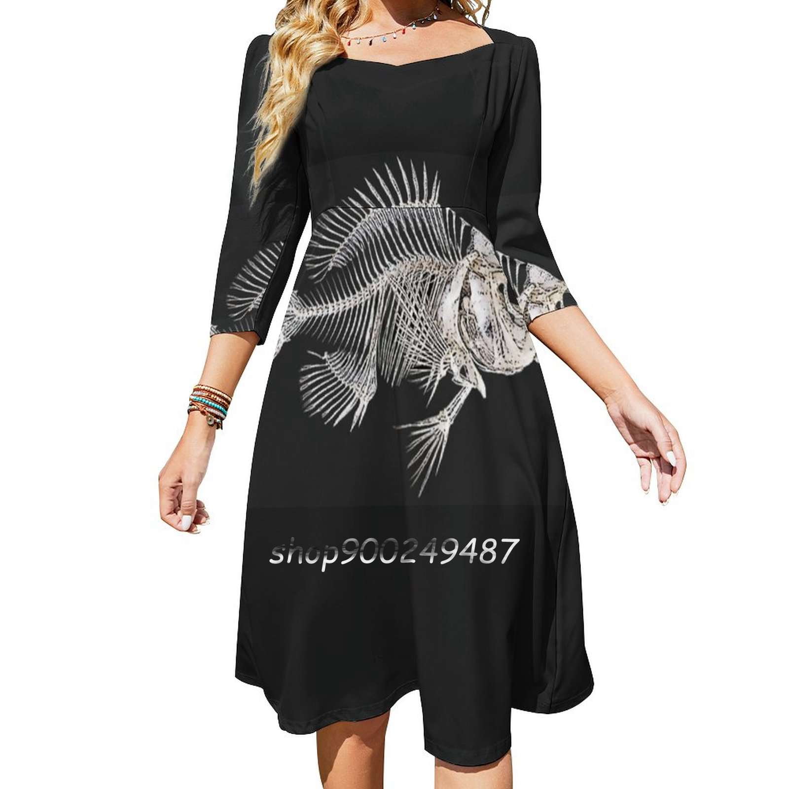 Creepy Fish Sweet Elegant Dress Women Korean Kawaii Square Collar Dress ...