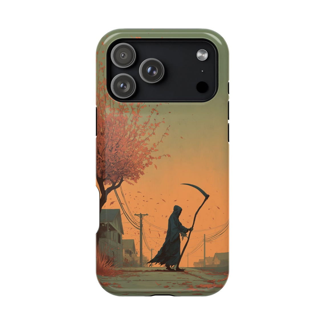 Creepy Grim Reaper on Suburban Street Scene with iPhone 17 to 11 Pro ...