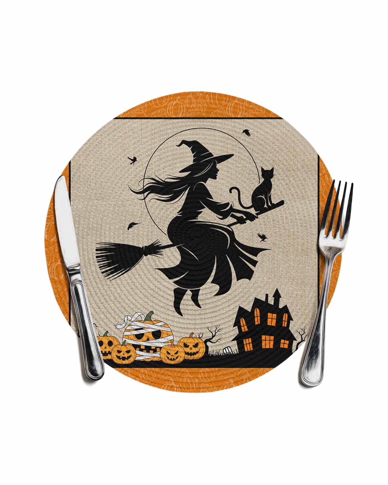 Creepy Halloween Nights Round Table Placemats 1 pc, Black Witch Orange ...