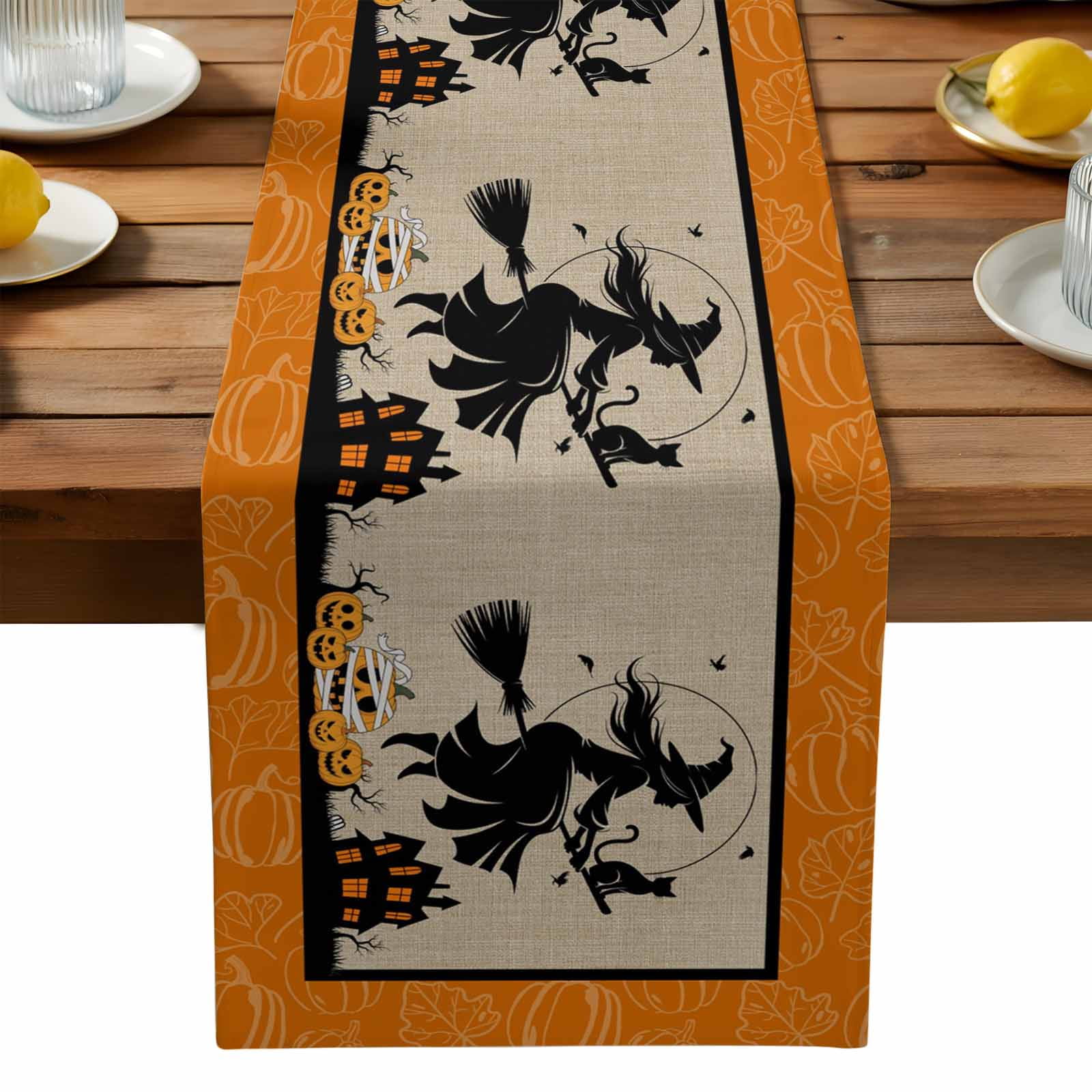 Creepy Halloween Nights Table Runner, Black Witch Orange Pumpkins ...