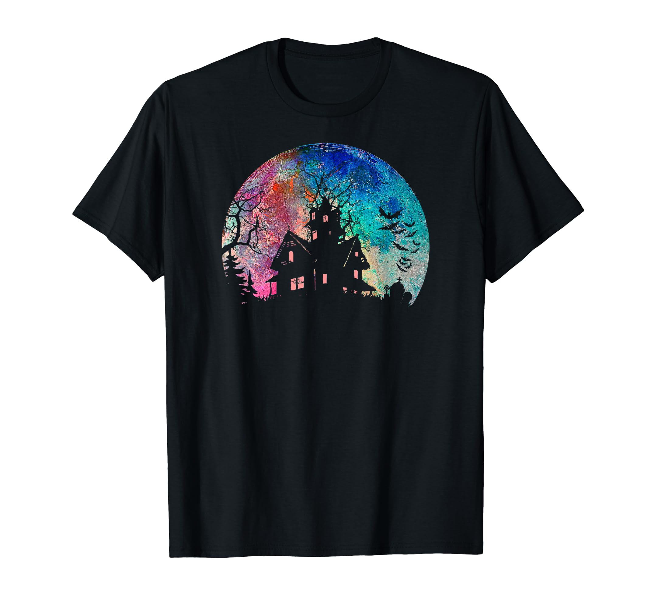 Creepy Haunted House & Spooky Watercolor Full Moon Halloween Black T ...
