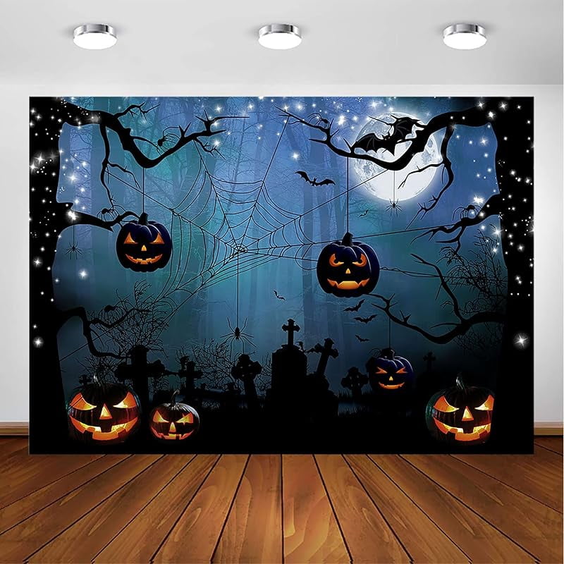 Creepy Nightmare Forest Halloween Backdrop Pumpkins Bats Full Moon ...