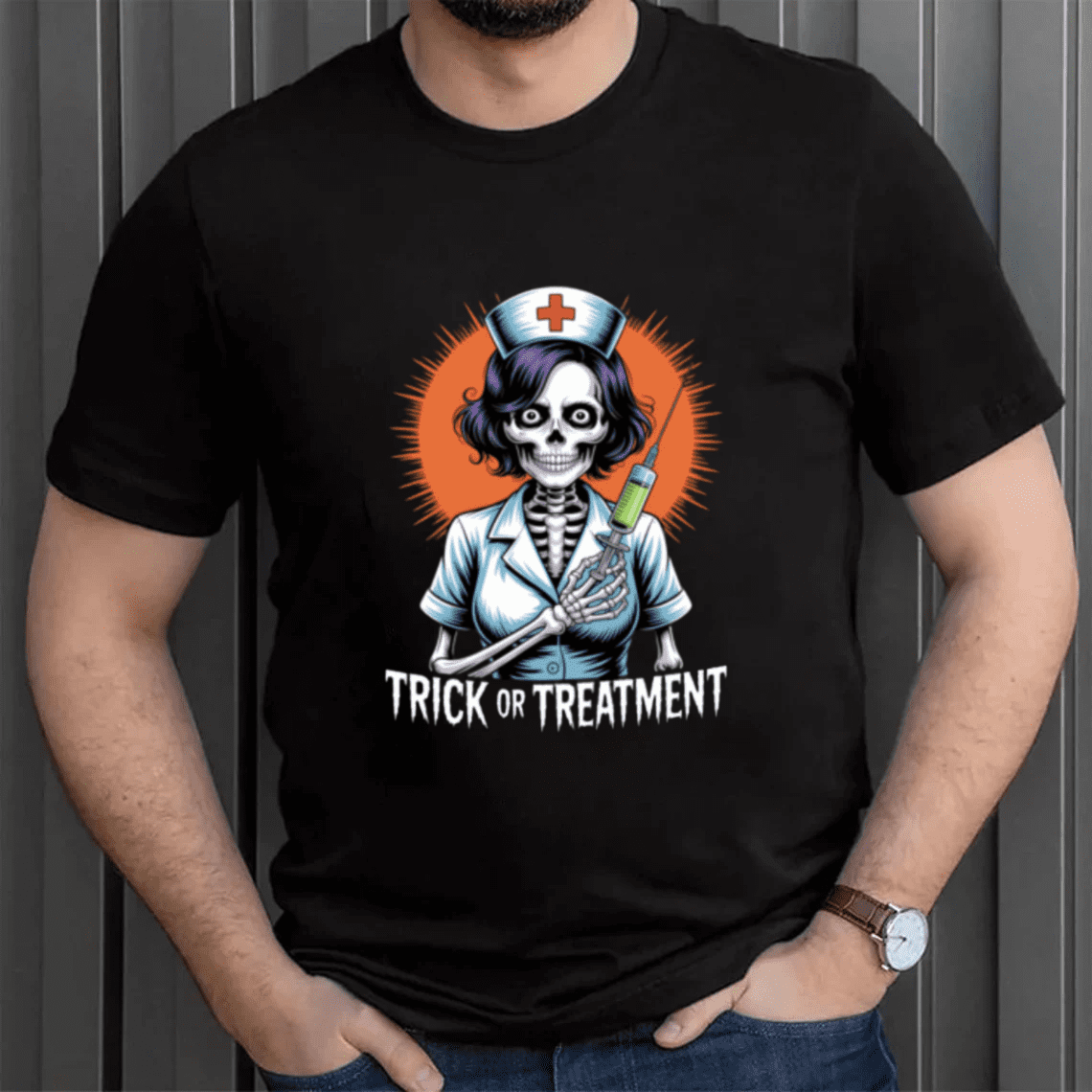 Creepy Nurse Skeleton Syringe Costume Cartoon Halloween Party Unisex T ...