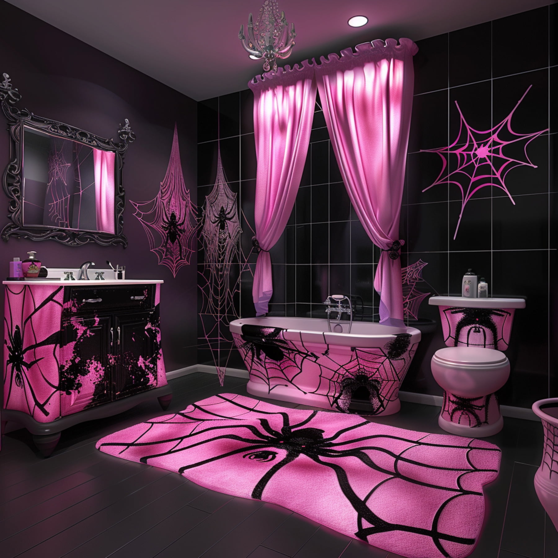 Creepy Spider Web Bathroom Shower Curtain Pink and Black Horror Movie ...