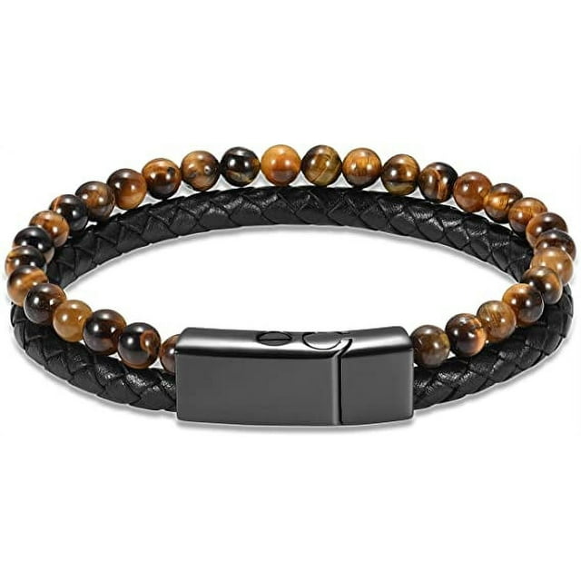Cremation Jewelry Tiger Eye with Leather Urn Bracelet for Ashes Men's ...