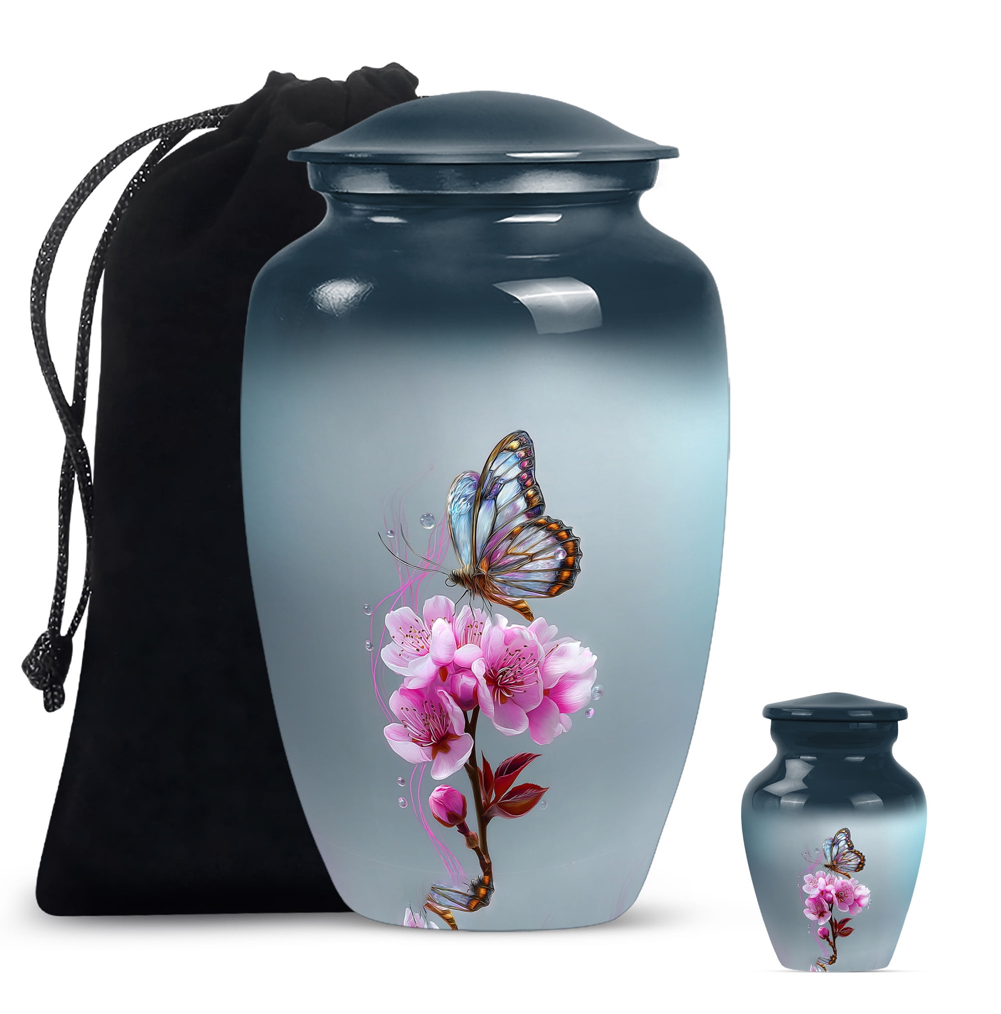 Cremation Urn Set – Blue Butterfly and Pink Flower Large 10-Inch ...
