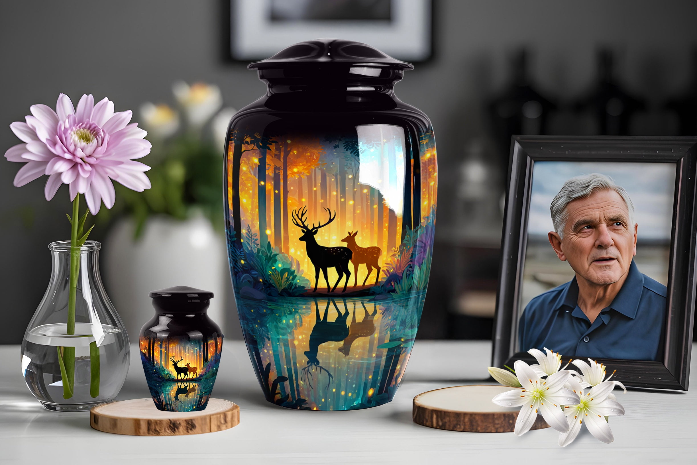 Cremation Urn Set – Large Forest Urn with 1 Keepsake – Double Deer ...