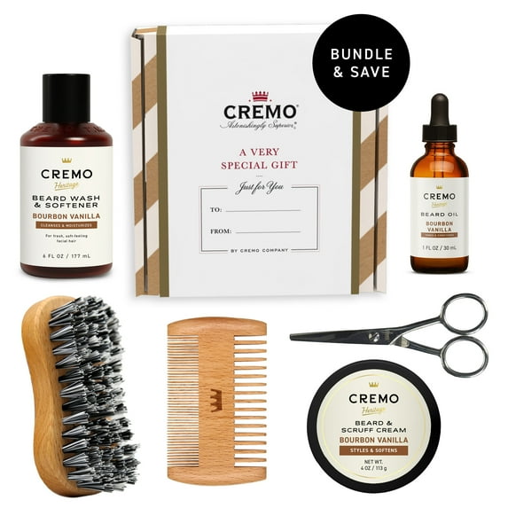 Cremo Bourbon Vanilla Ultimate Beard Grooming Mens Gift Set, 3 Beard Grooming Items + 3 Tools ...