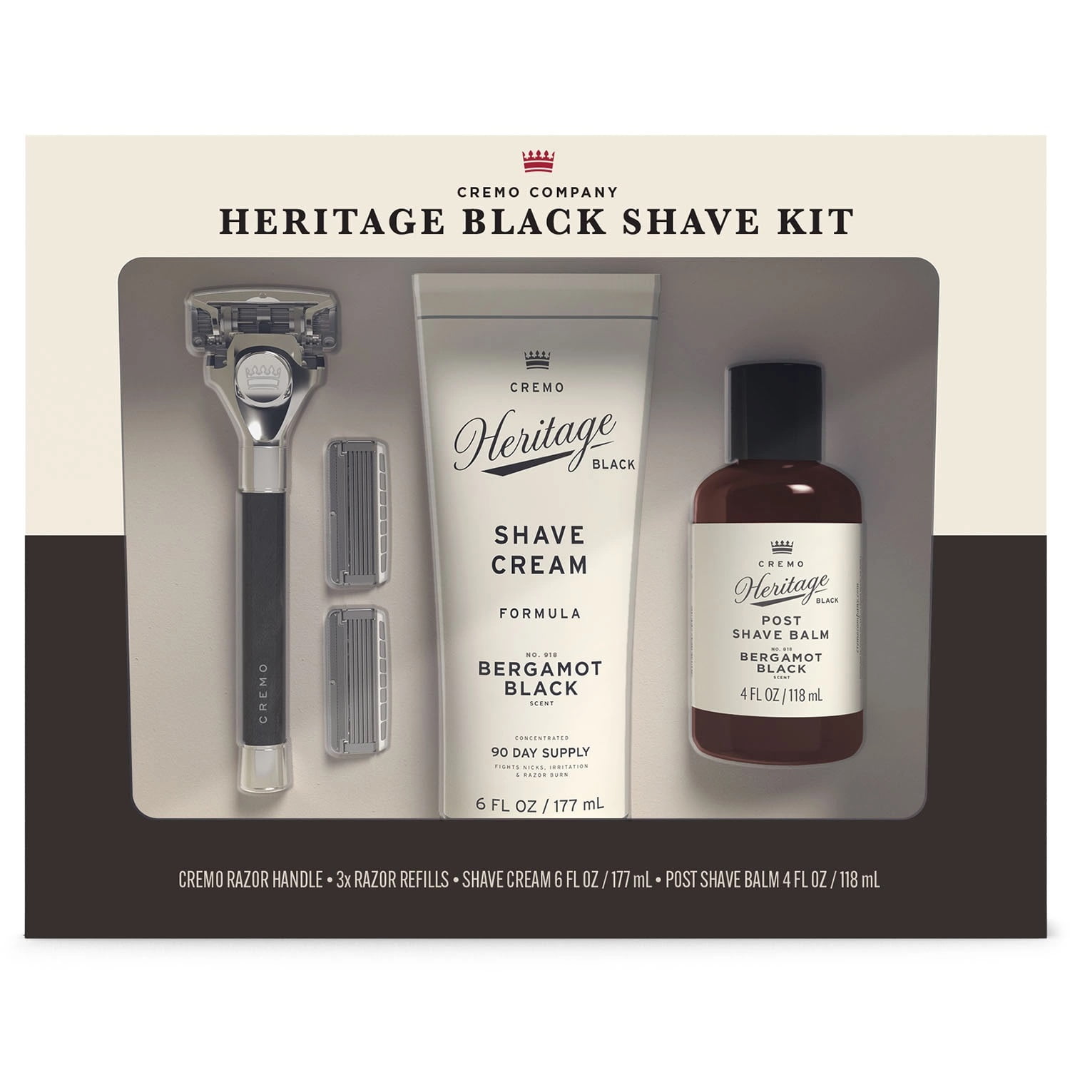 Cremo Heritage Barber Set: Black Shave Kit with Razor, Refills, Cream ...