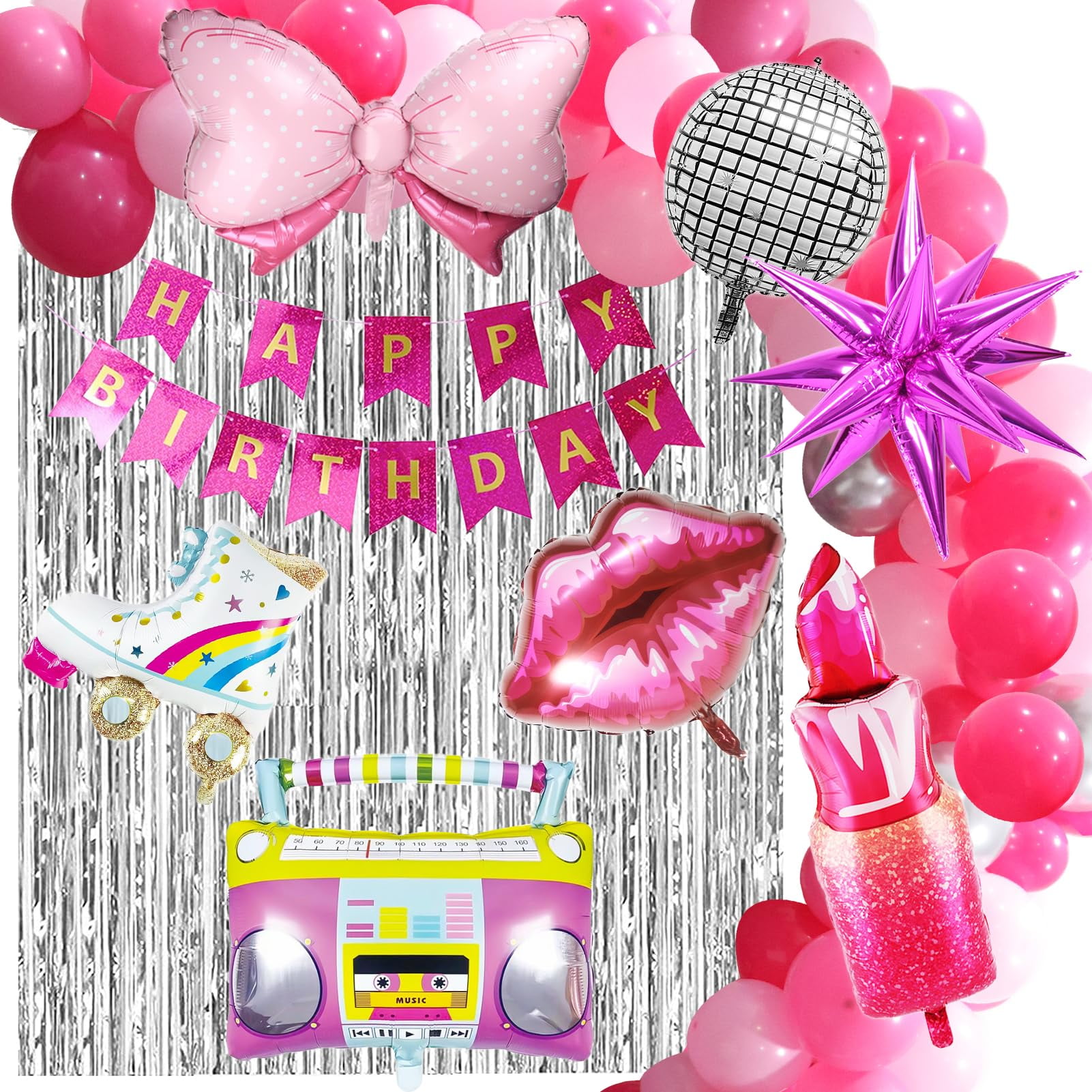 Crenics Hot Pink Birthday Decorations - 2 Foil Curtains, Happy Birthday Banner, Balloons Arch ...