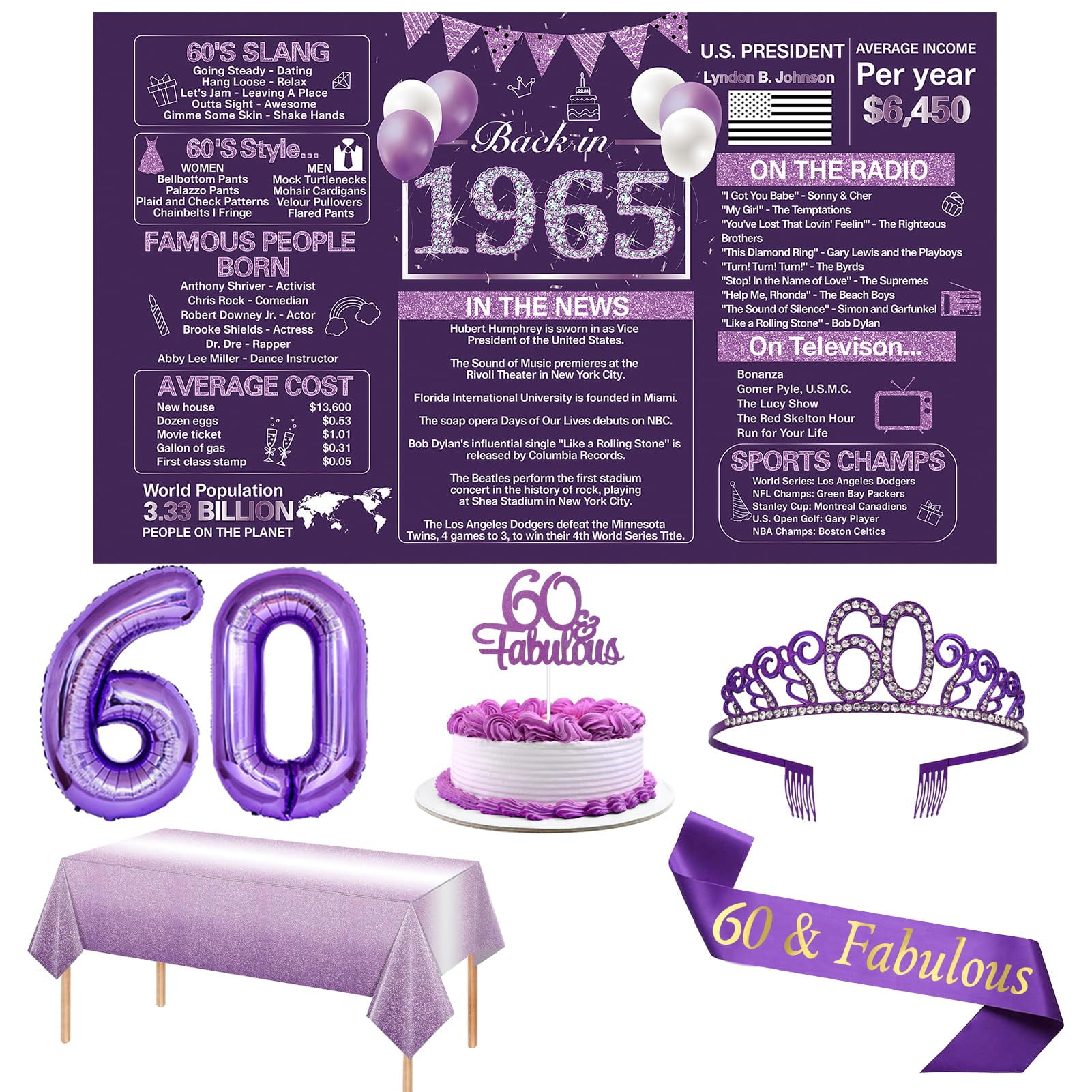 Crenics Purple 60thUMRT Birthday Decorations for Women 1965 - Back 1965 ...