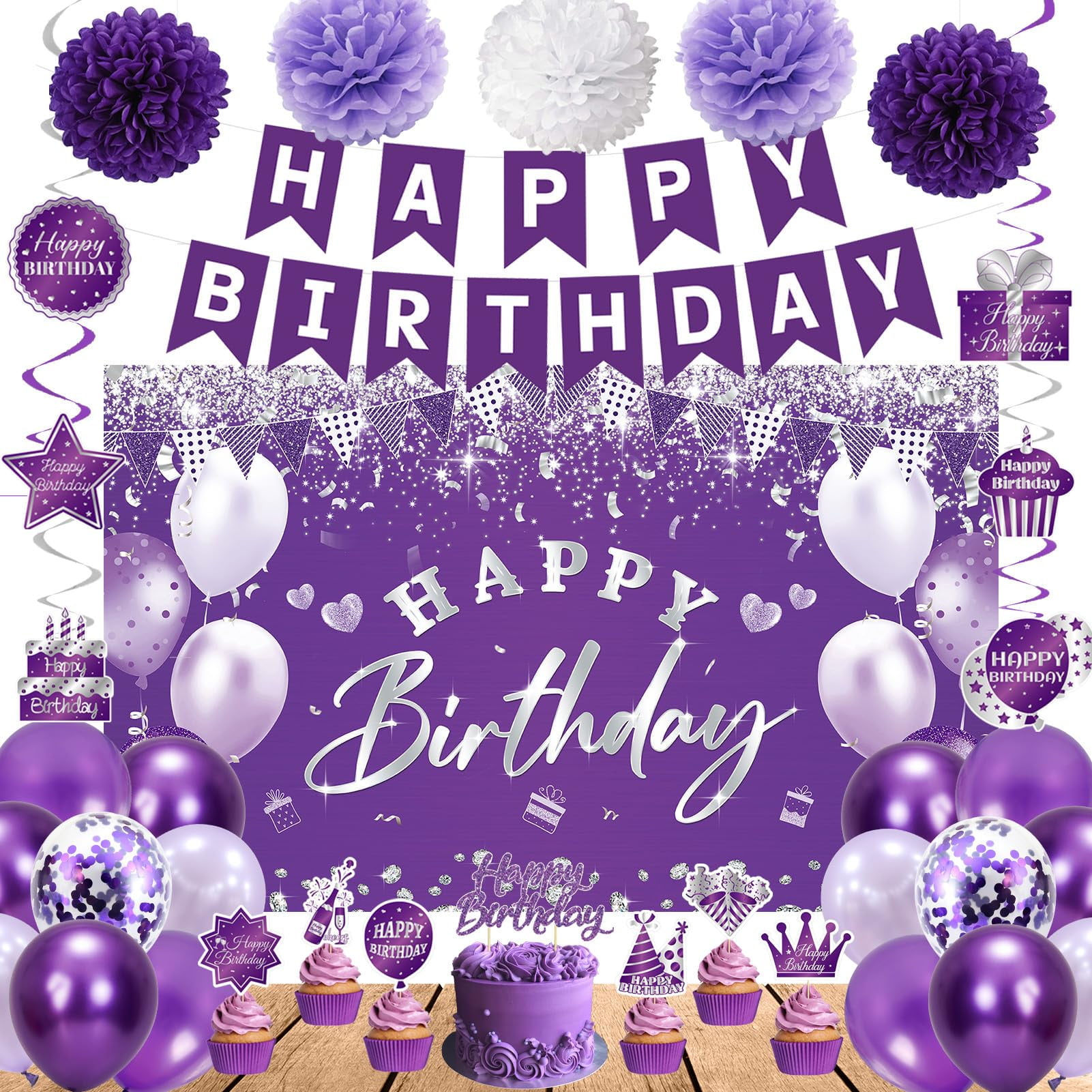 Crenics Purple Birthday CORNET Decorations for Women - Happy Birthday ...