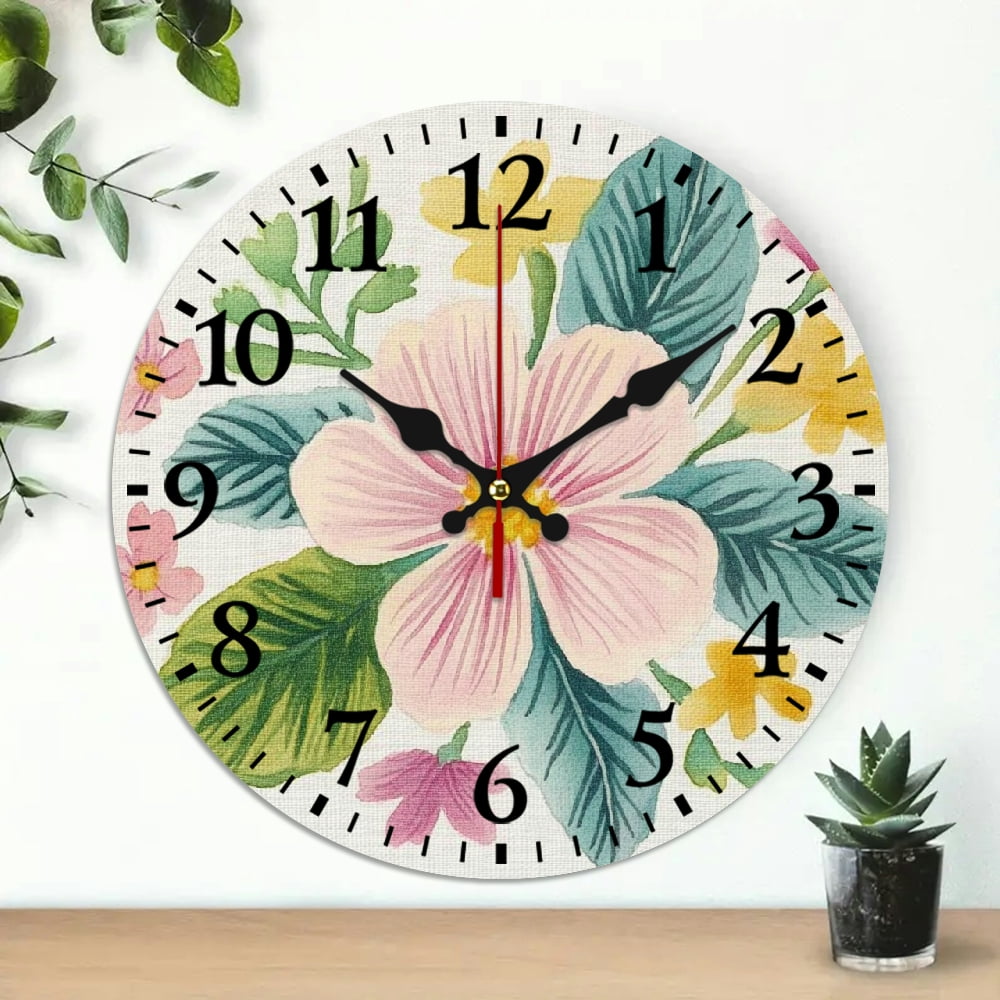 Creowell 10 Inch Flowers Green Leaf Theme Wooden Wall Clock 10x10in ...