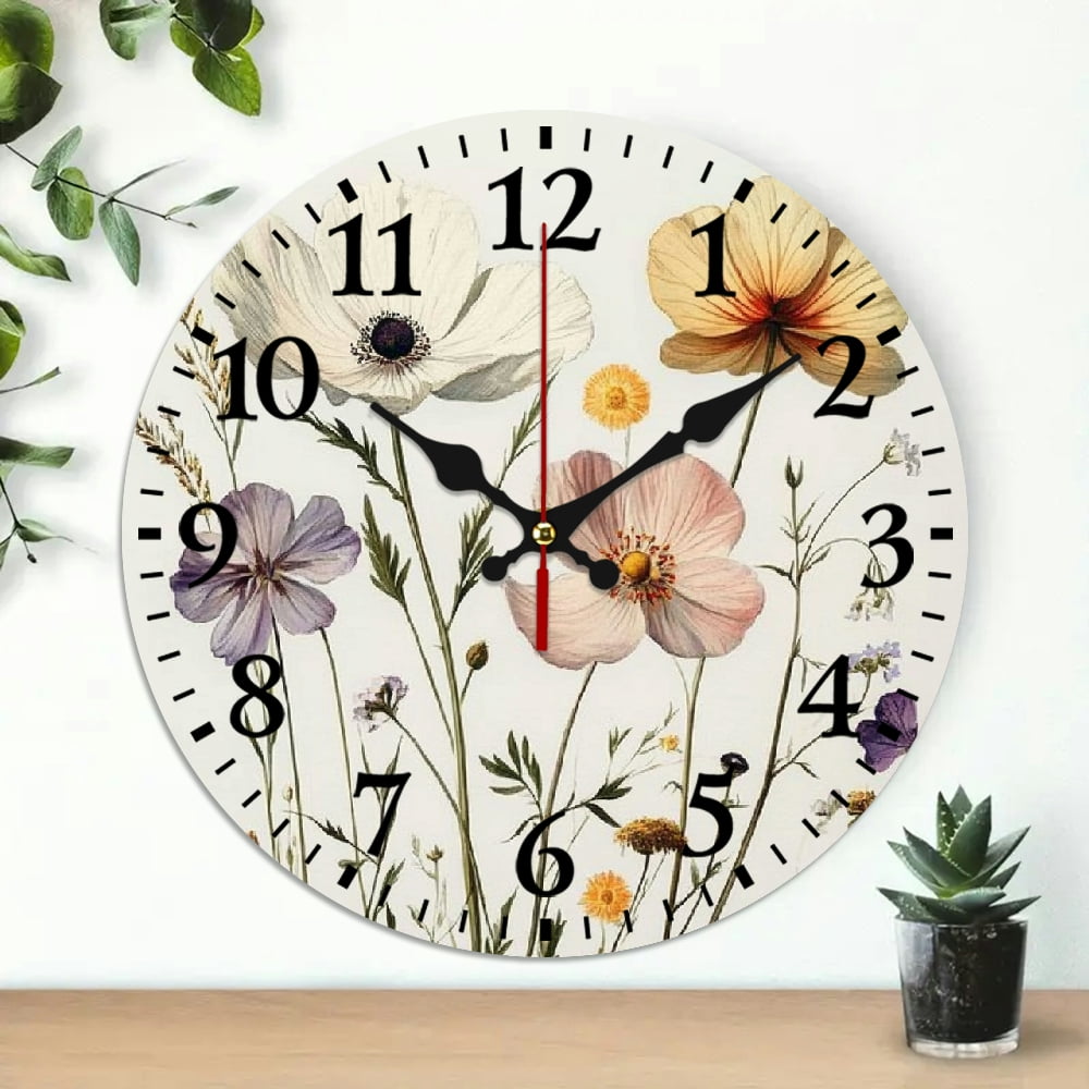 Creowell 10 Inch Flowers Theme Round Wooden Wall Clock for Home 10x10in ...
