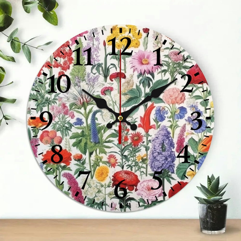 Creowell 10 Inch Flowers Theme Round Wooden Wall Clock for Home Decor ...