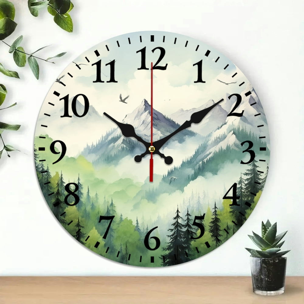 Creowell 10 Inch Mountain Trees Birds Theme Round Wooden Wall Clock ...