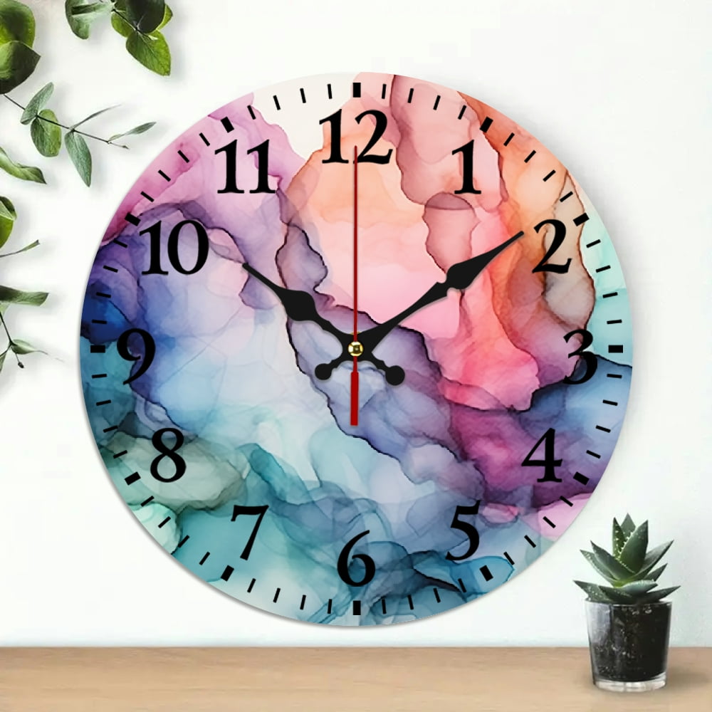 Creowell 10 Inch Round Wooden Wall Clock, Abstract Design Watercolor ...