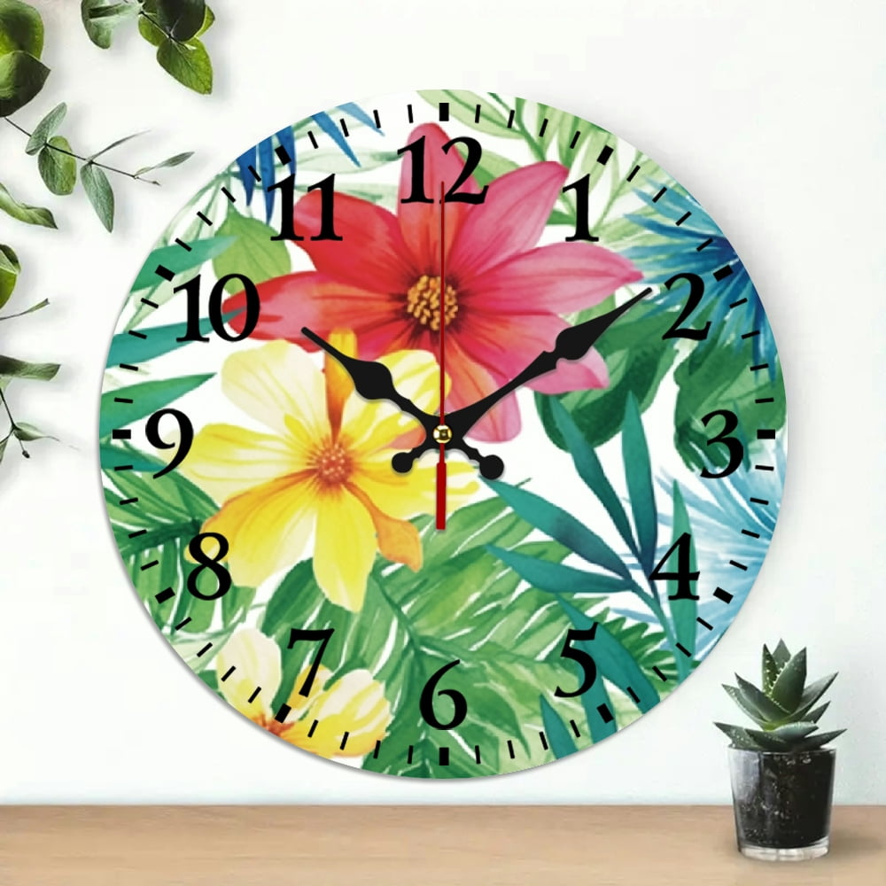 Creowell 10 Inch Round Wooden Wall Clock Flower Pattern Green Leafy ...
