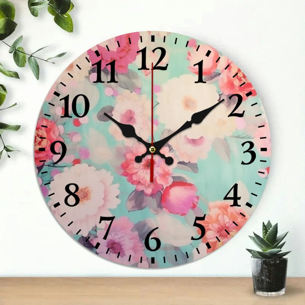 Creowell 10 Inch Round Wooden Wall Clock with Flowers Wallpaper Floral ...