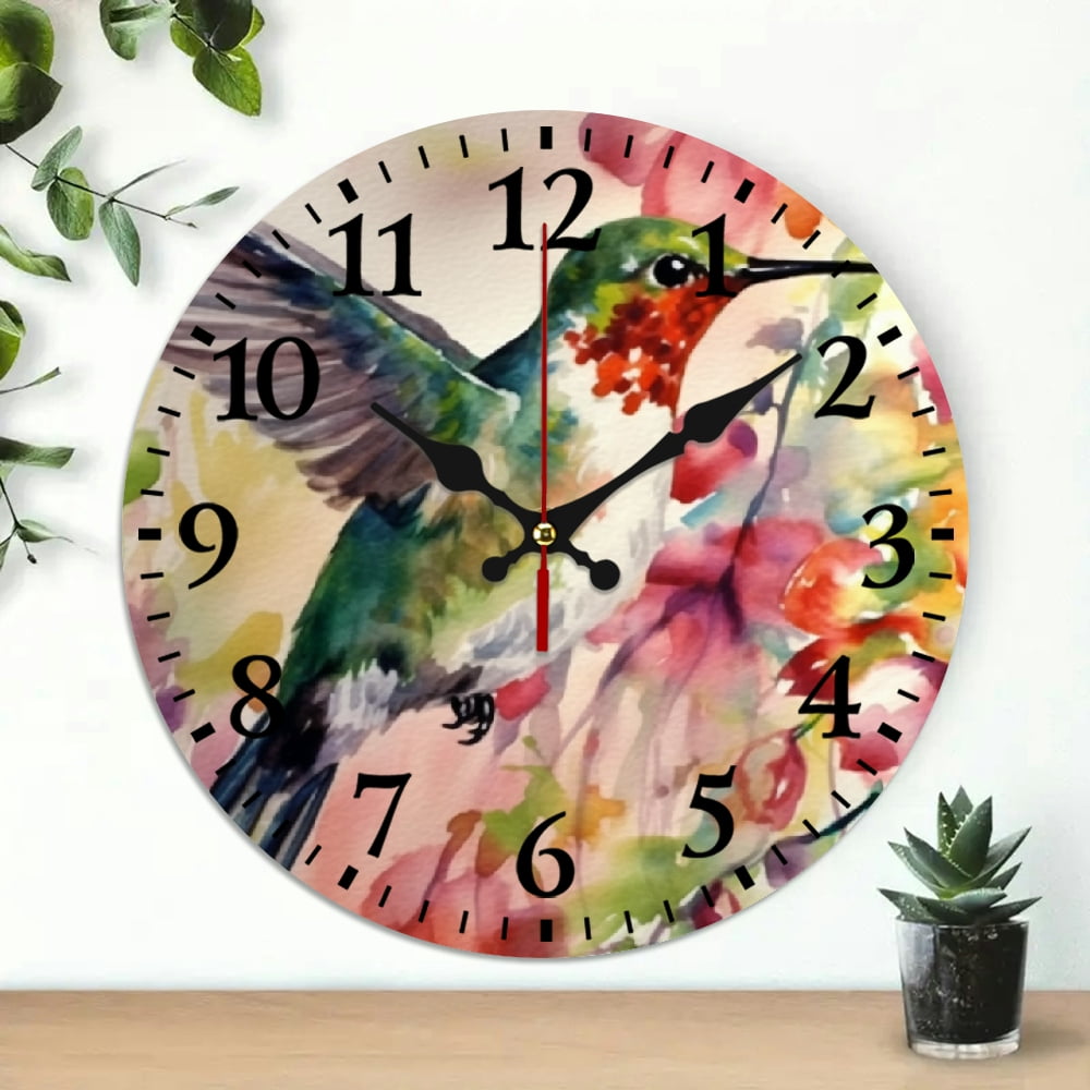 Creowell 10 Inch Round Wooden Wall Clock Hummingbird Flowers Art ...