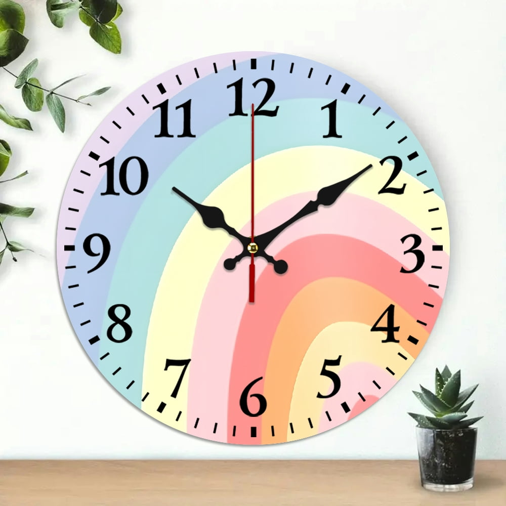 Creowell 10 Inch Round Wooden Wall Clock Rainbow Pastel Colors Home ...
