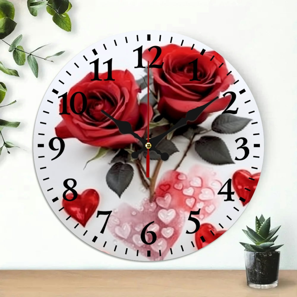 Creowell 10 Inch Round Wooden Wall Clock Roses Hearts Theme Home Decor ...